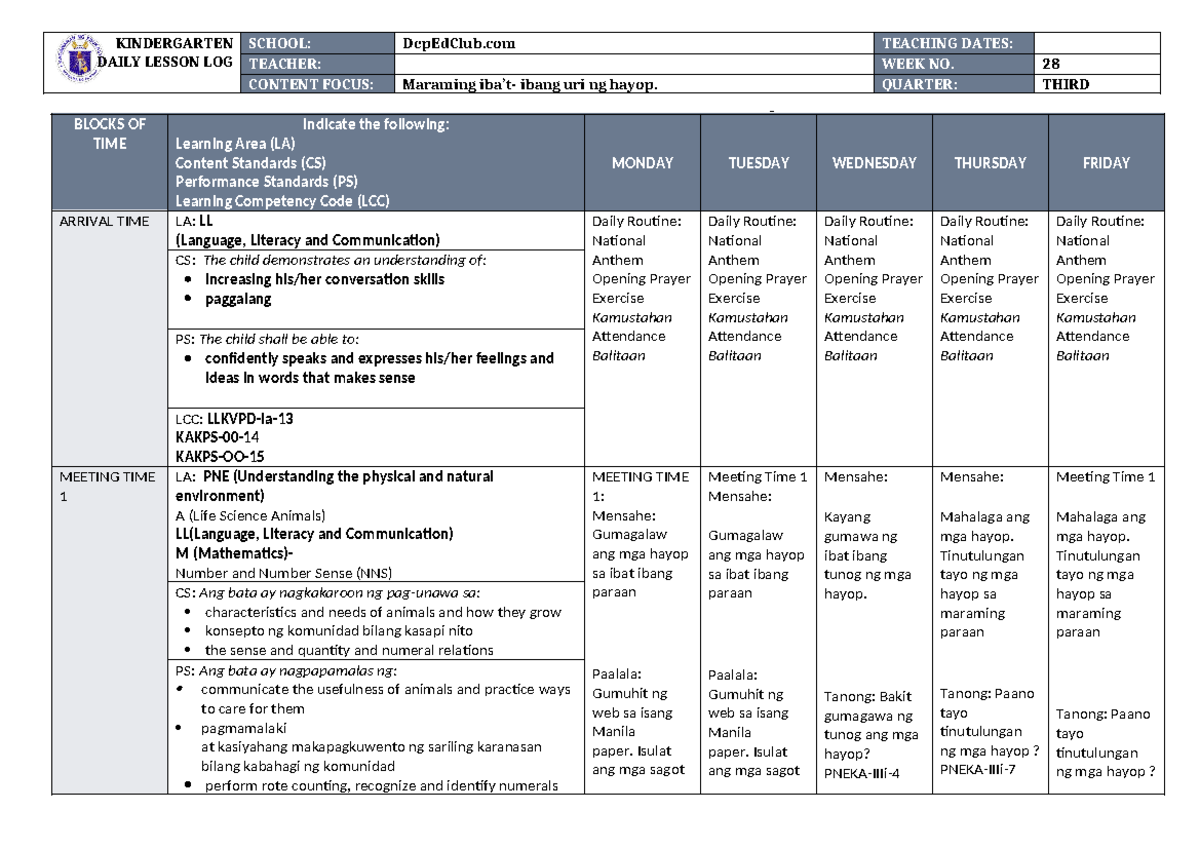DLL Kinder Q3 W8 - HFJKJJLJ - KINDERGARTEN DAILY LESSON LOG SCHOOL ...