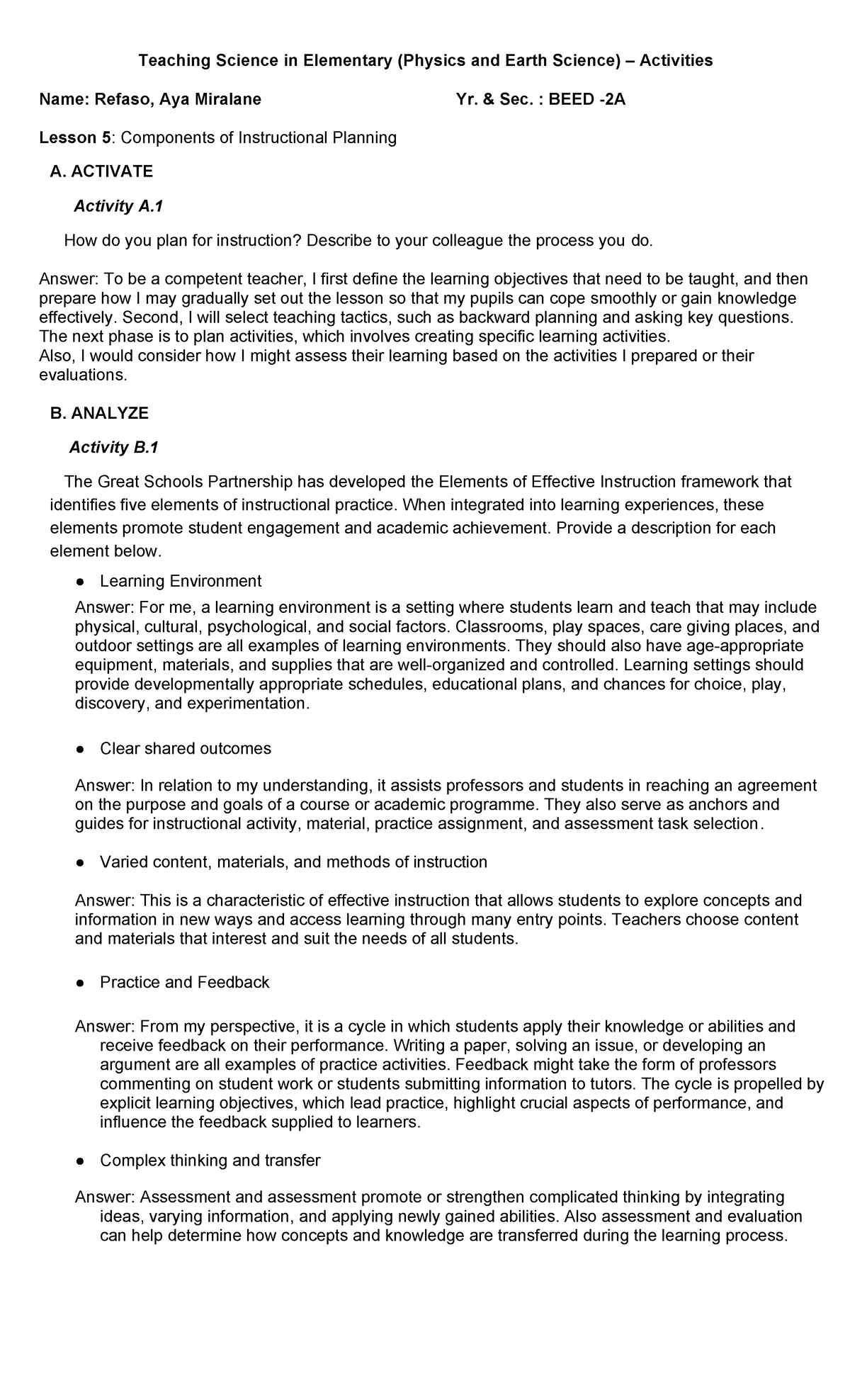 Lesson 5 Activities Science - Teaching Science in Elementary (Physics ...