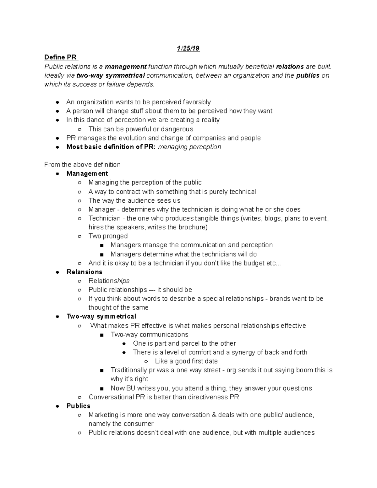 CM 215 Notes pre test 1 - 1/25/ Define PR Public relations is a ...