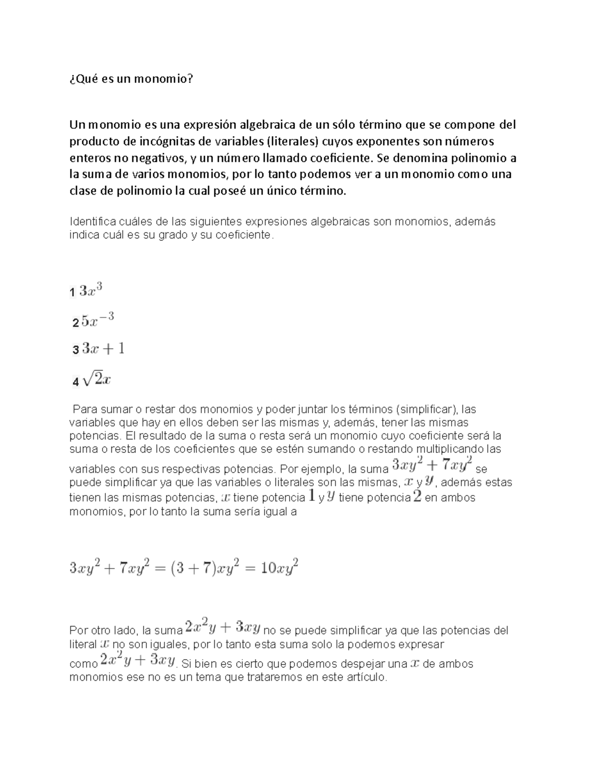 Prueba DE Calidad Grado 8 - ¿Qué es un monomio? Un monomio es una ...