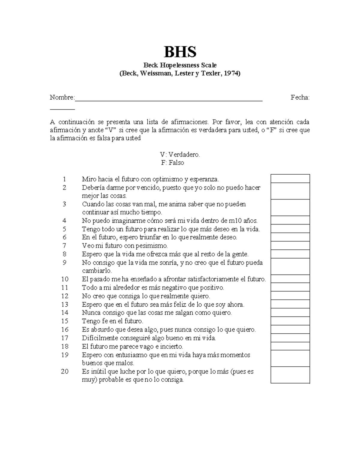 BHS - 2 - intrumento - BHS Beck Hopelessness Scale (Beck, Weissman ...