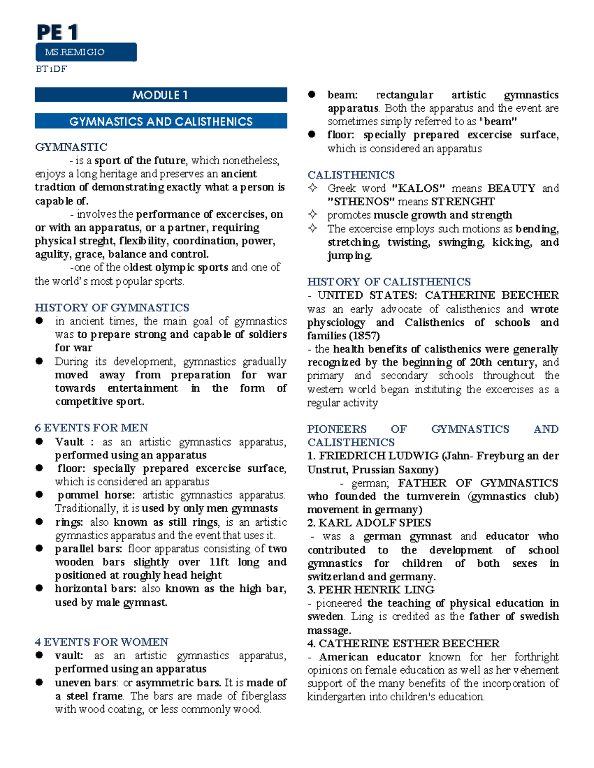 PE Reviewer - BT1DF MODULE 1 GYMNASTICS AND CALISTHENICS GYMNASTIC is a ...