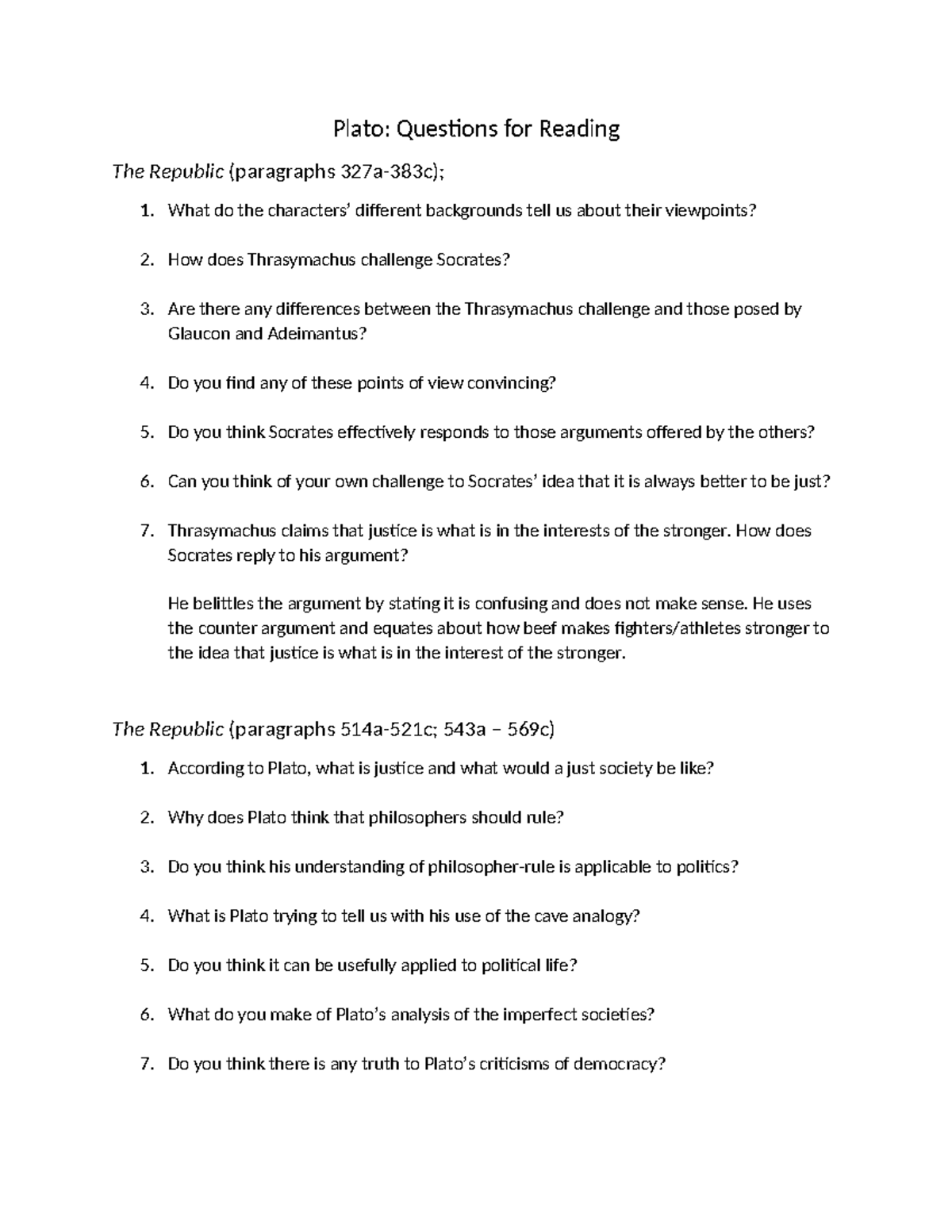3 Reading questions for Plato - Plato: Questions for Reading The ...
