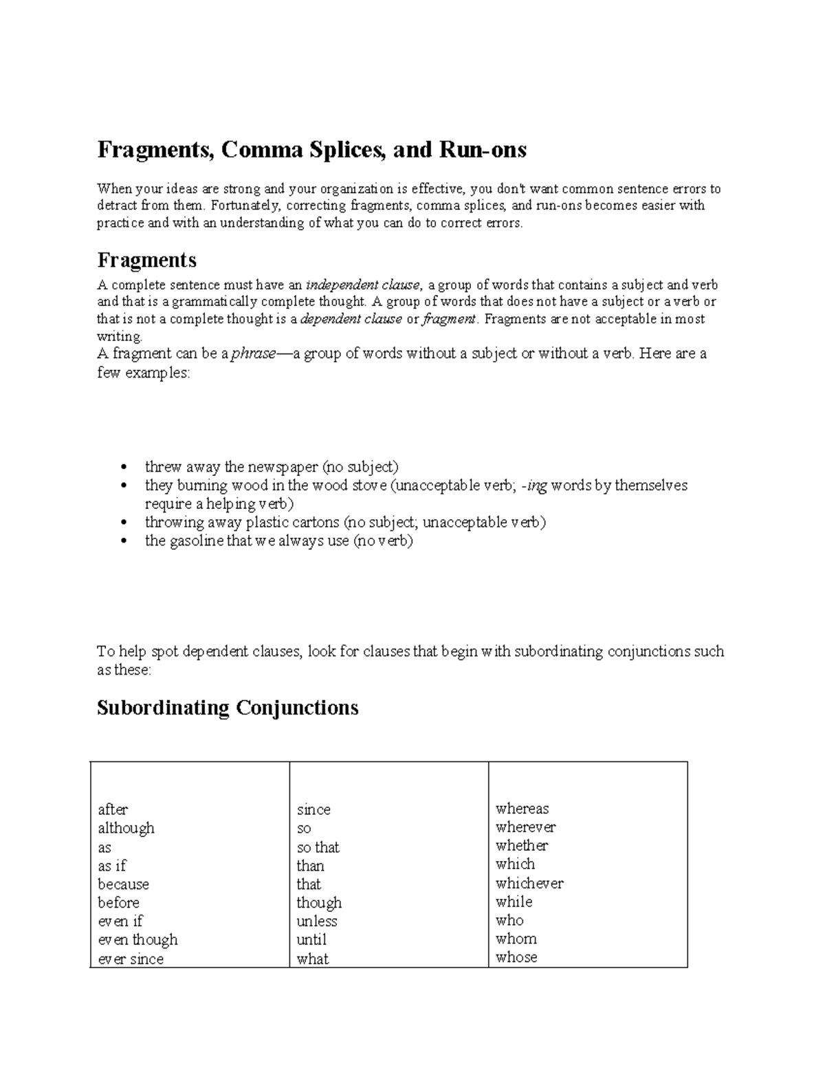 Eng150 document fragments Comma Splices And Run-ons Accessible ...
