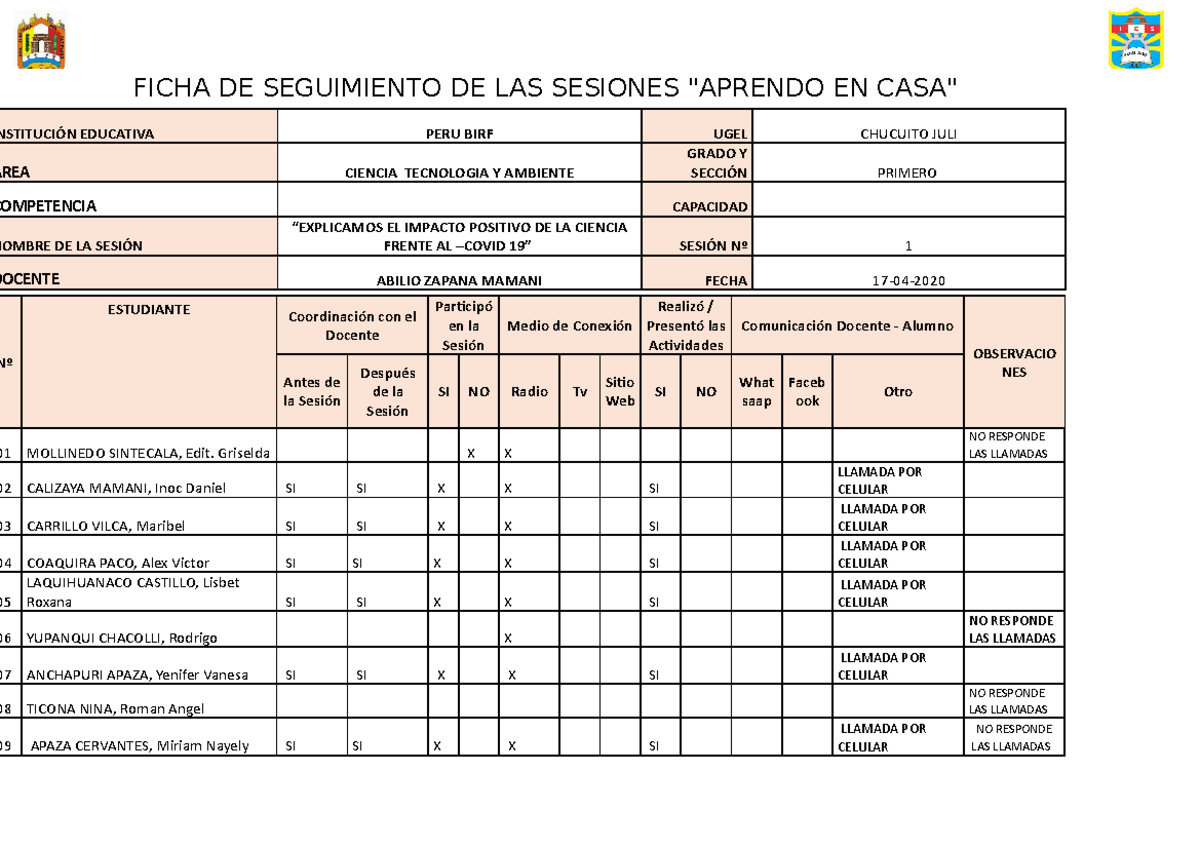 Ficha DE Seguimiento DE LAS Seciones 1° - FICHA DE SEGUIMIENTO DE LAS ...