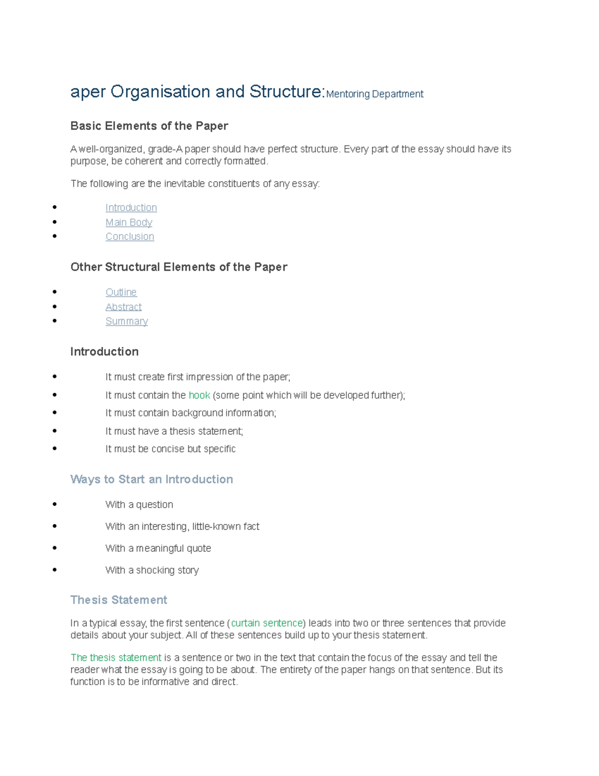 Structure of a paper - guide - aper Organisation and Structure ...