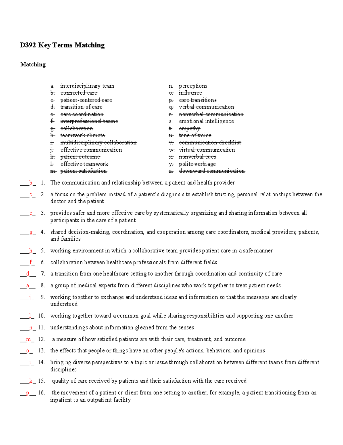D392 Key Term Matching Worksheet - D392 Key Terms Matching Matching a ...