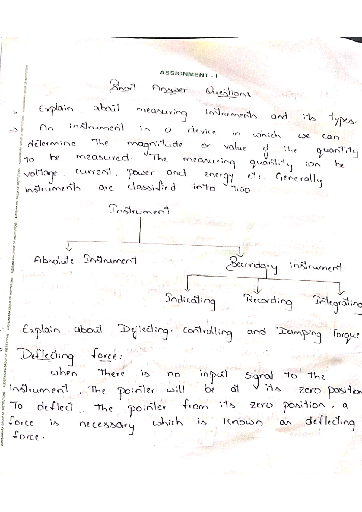 EMI UNIT 1 Assignment - ASSIGNMENT I Short Answer Questions 1. Explain abail measuring ...