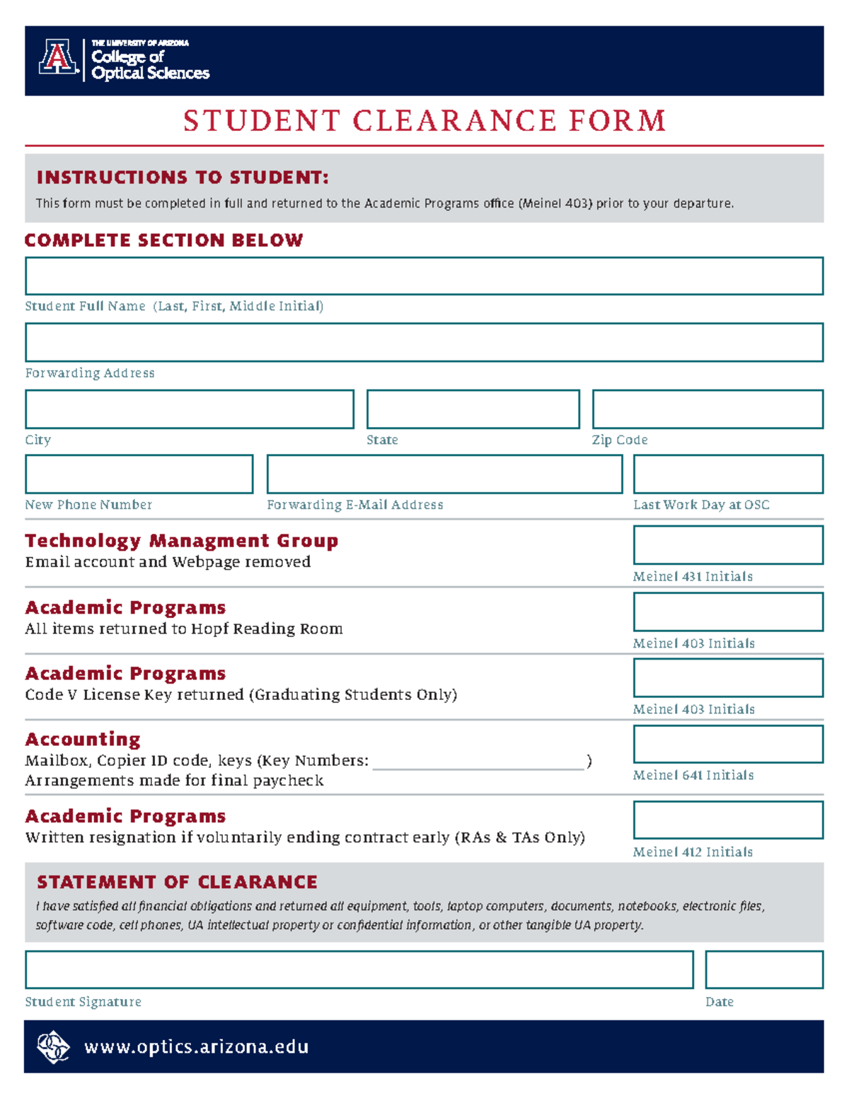 Student Clearance Form Template - STUDENT CLEAR ANCE FOR M This form must be completed in full ...