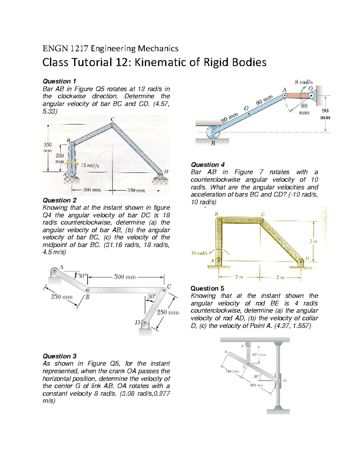 Class Tutorial 12 Kinematic of Rigid body - ENGN 1217 Engineering Mechanics Class Tutorial 12 ...