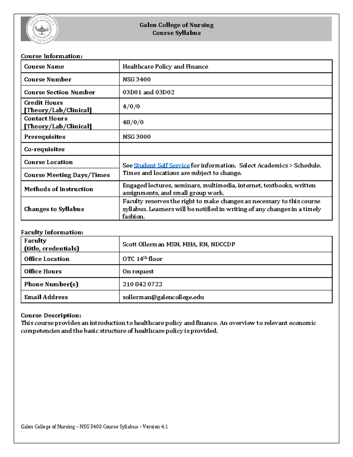 NSG 3400 Syllabus Version sollerman d1.d2 summer 23 - Galen College of ...