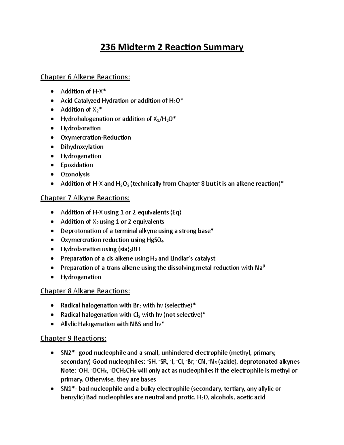 236 Midterm 2 Reaction Summary - 236 Midterm 2 Reac on Summary Chapter 6 Alkene Reac ons: Addi ...