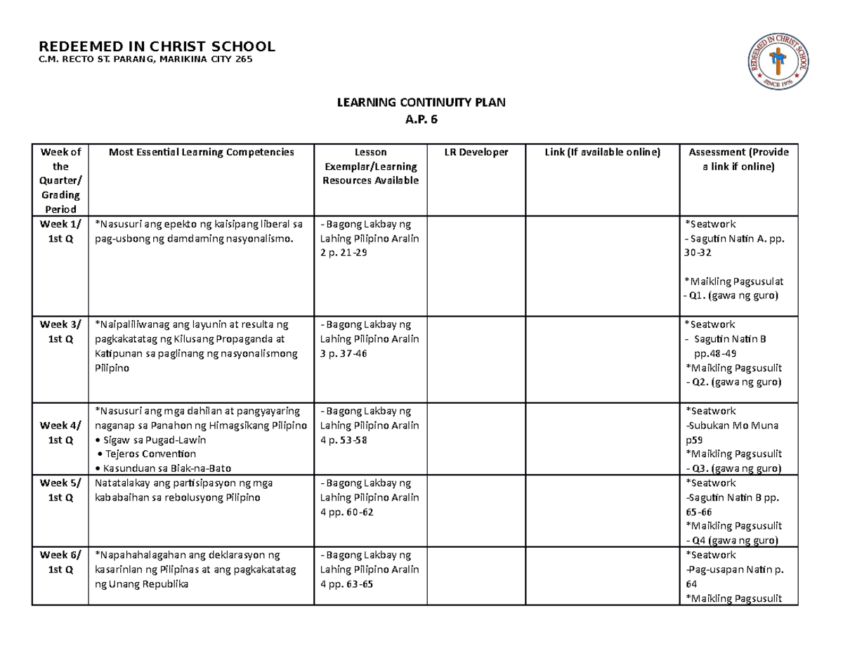 AP6-LCP - LCP - REDEEMED IN CHRIST SCHOOL C. RECTO ST. PARANG, MARIKINA ...