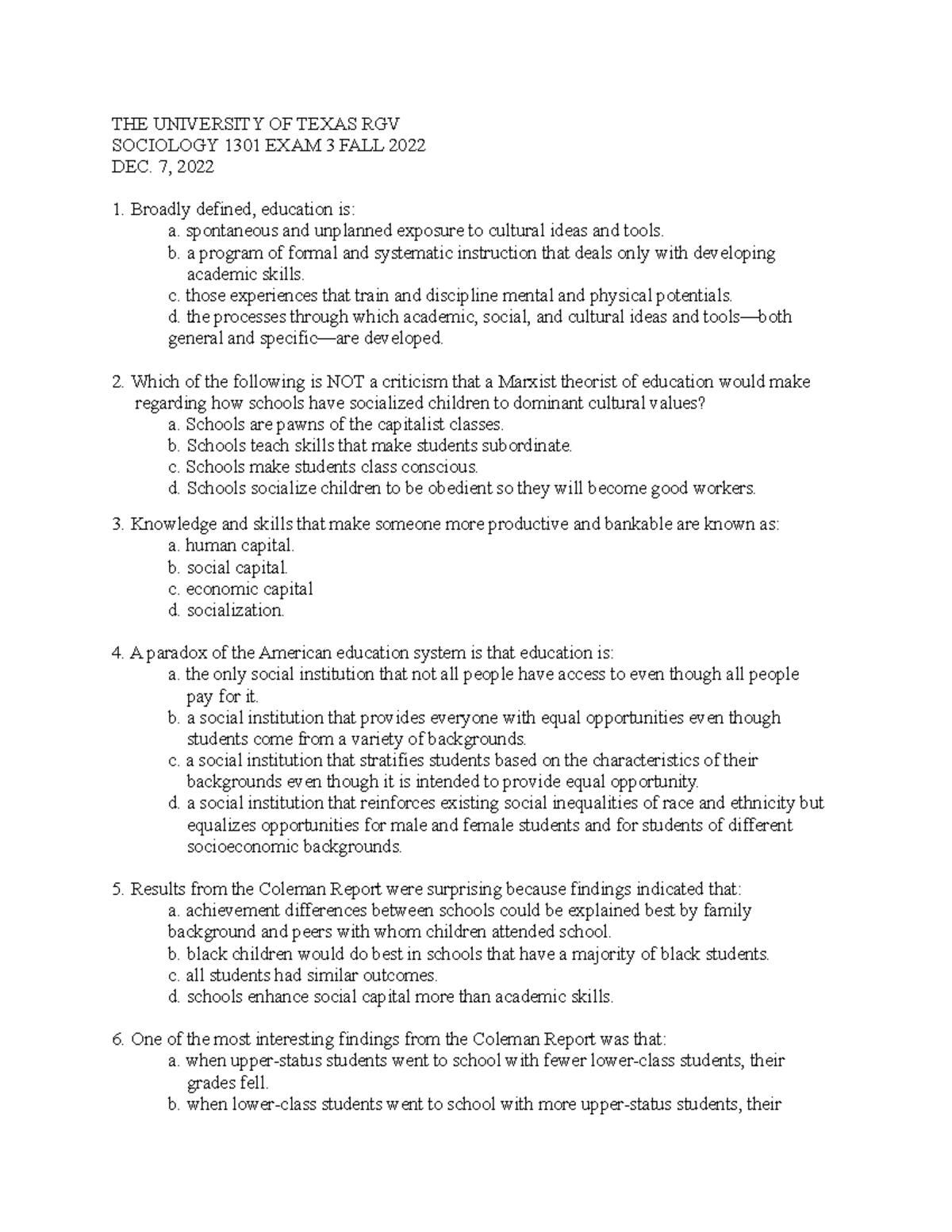 EXAM31301 FALL22 - Practice Test for into to sociology - THE UNIVERSITY ...