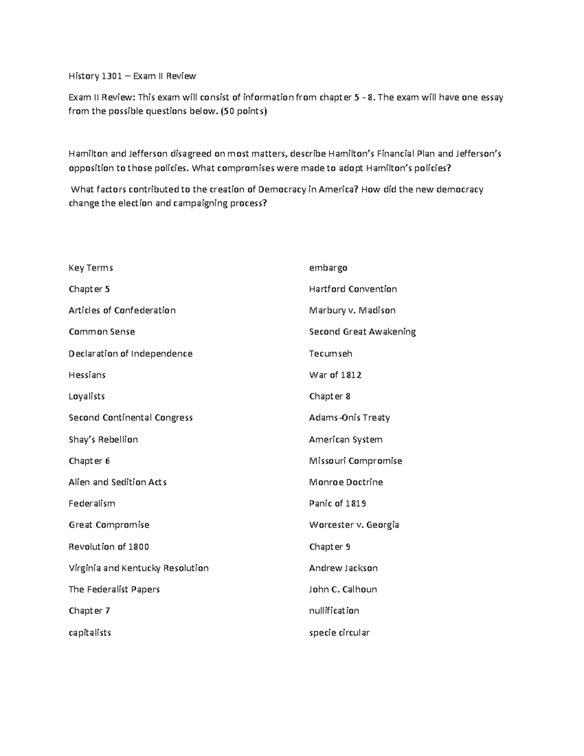 1301 exam-ii-review - texas history - History 1301 – Exam II Review ...