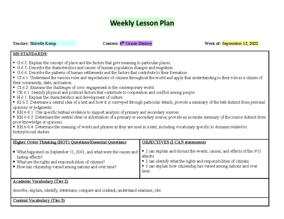 Week 8 Lesson plan (1st Nine Weeks 2022-2023) - Weekly Lesson Plan ...