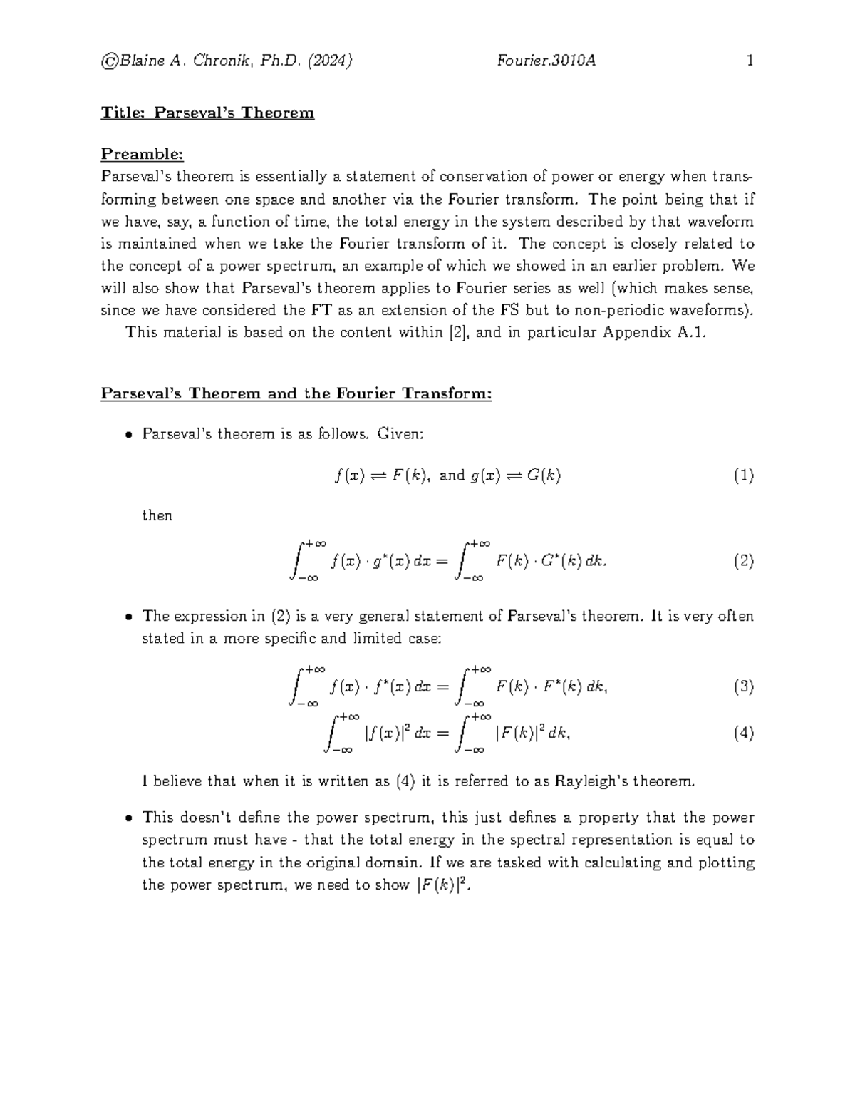 Parsevals Theorem - These are the notes for Fourier Series - ©Blaine A ...