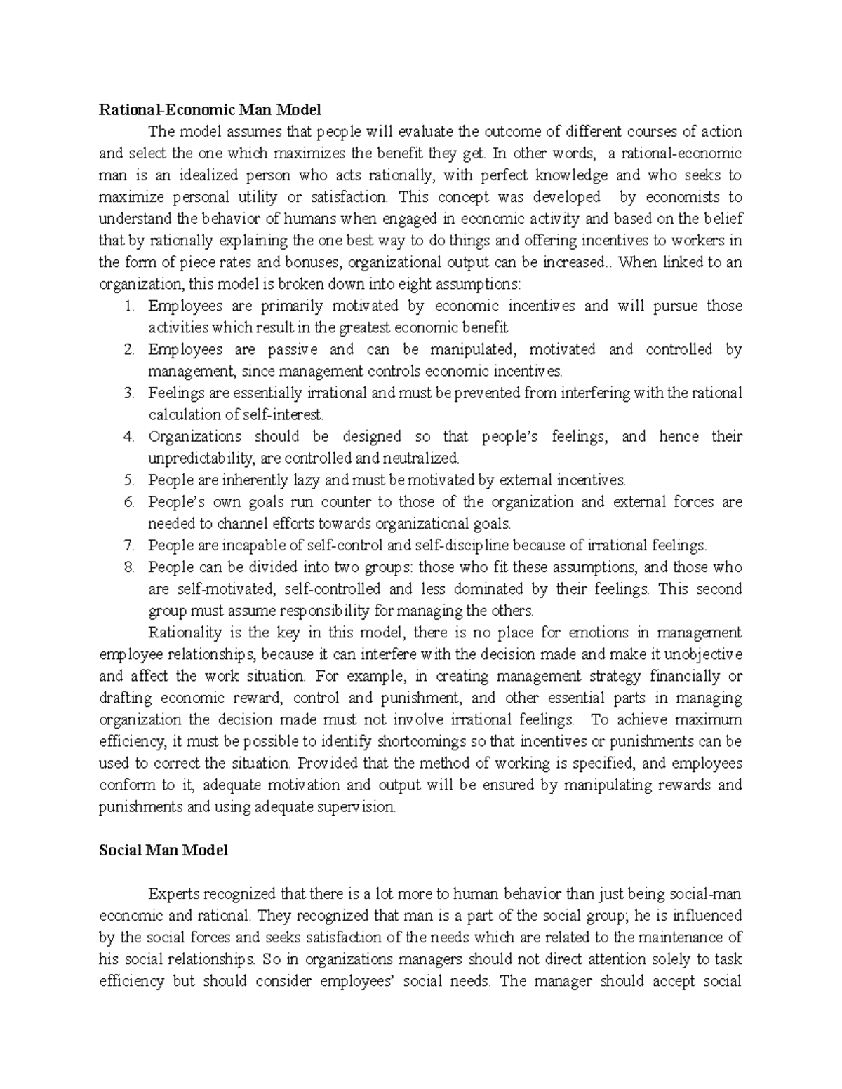 Rational-Economic Man Model - In other words, a rational-economic man ...