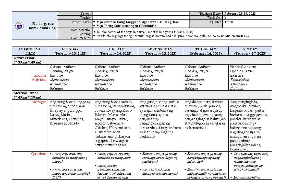 Dll q3 week 1 - Kindergarten Daily Lesson Log School Teaching Dates ...