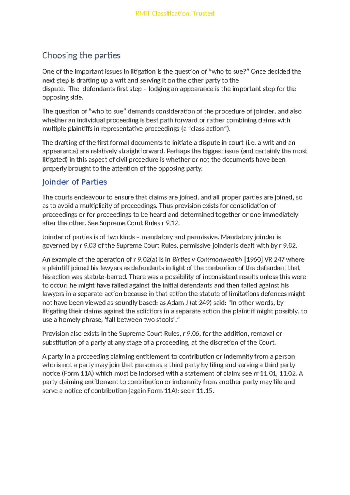 Week 4 Choosing the parties - RMIT Classification: Trusted Choosing the ...