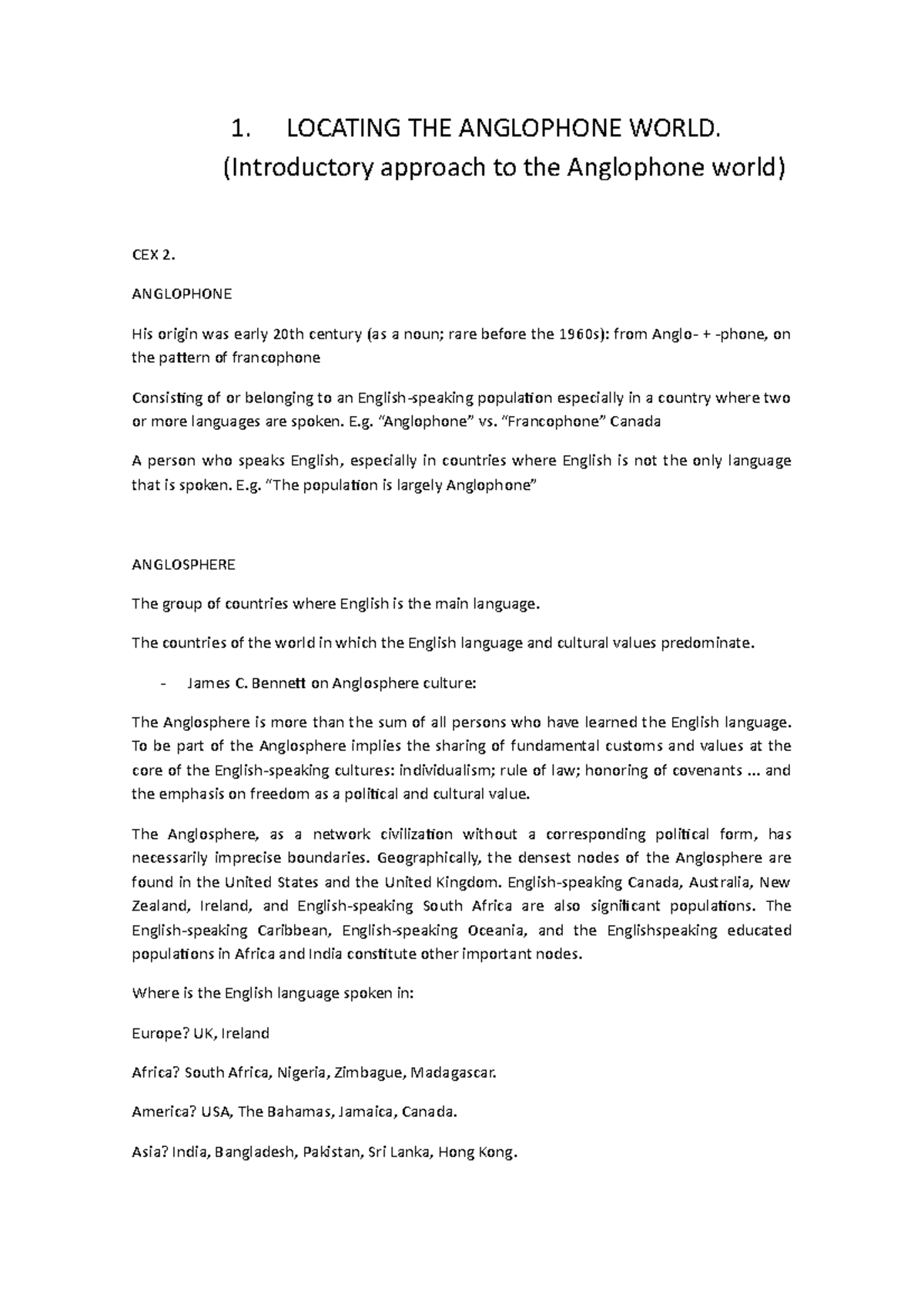 TEMA 1 - Unit 1 - 1. LOCATING THE ANGLOPHONE WORLD. (Introductory ...