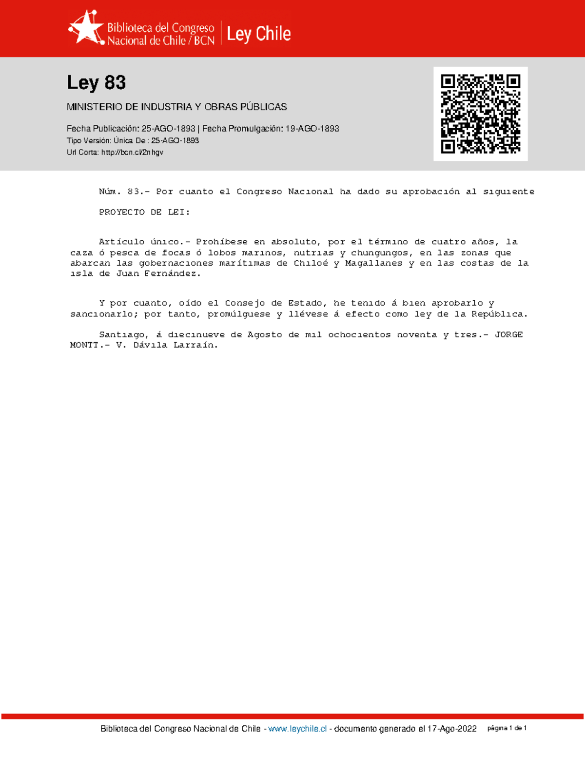 LEY-83 25-AGO-1893 - es la ley sobre las adecuaciones sobre el artuclo ...