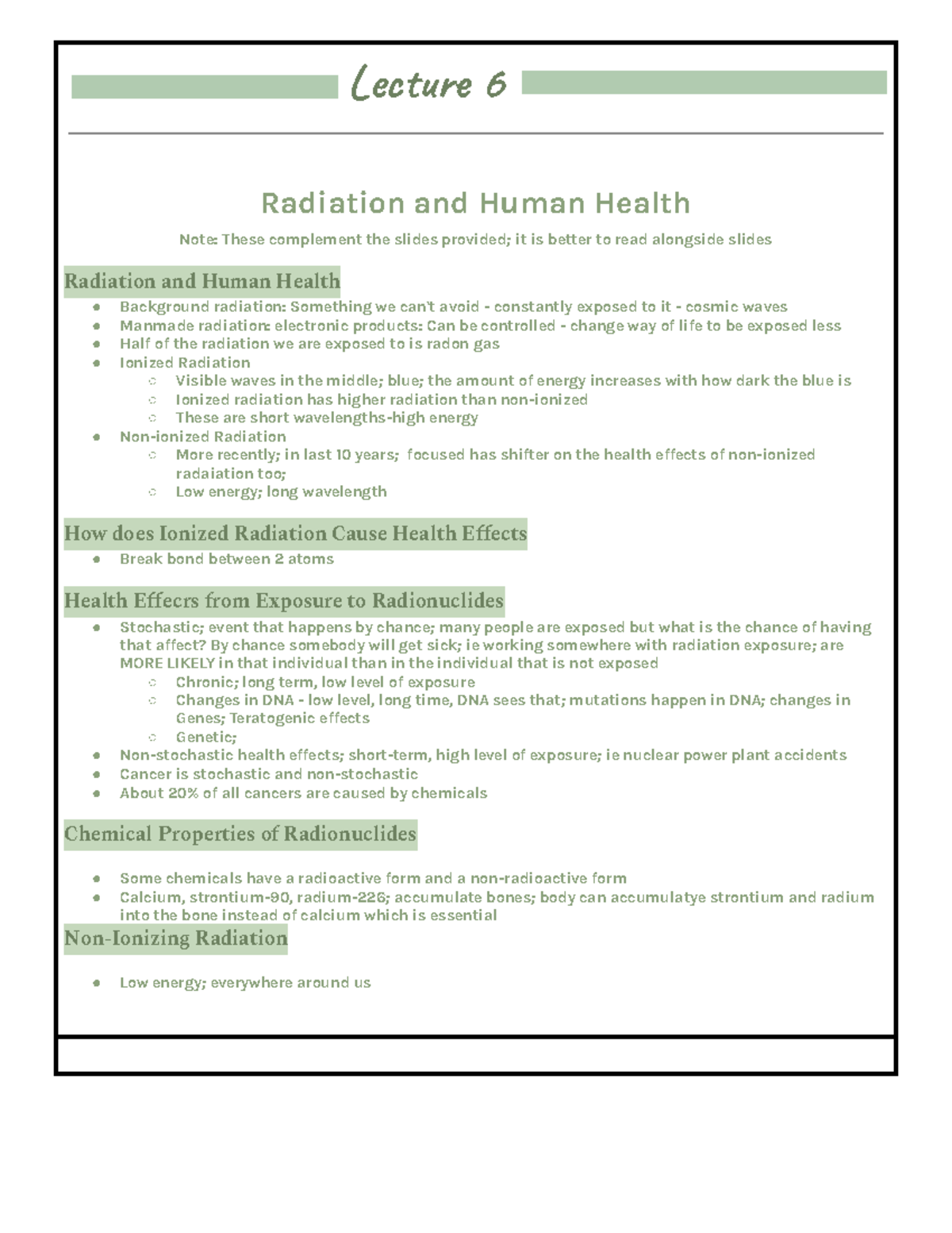 EESA10 Lecture 6 - NOTES - Lec 6 Radiation and Human Health Note: These ...