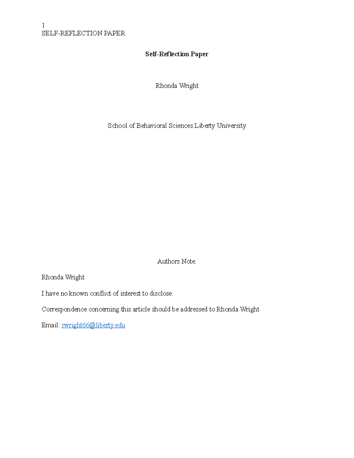 1 Self Reflection Paper COUC 698 Rhonda Wright - SELF-REFLECTION PAPER Self-Reflection Paper ...