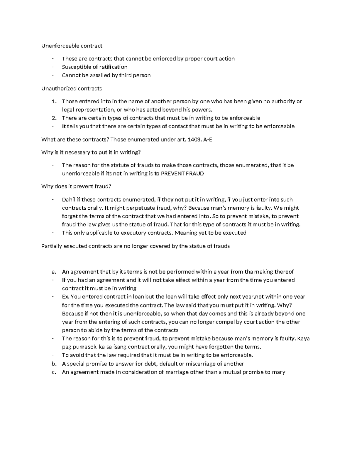 Unenforceable contract - Those entered into in the name of another ...