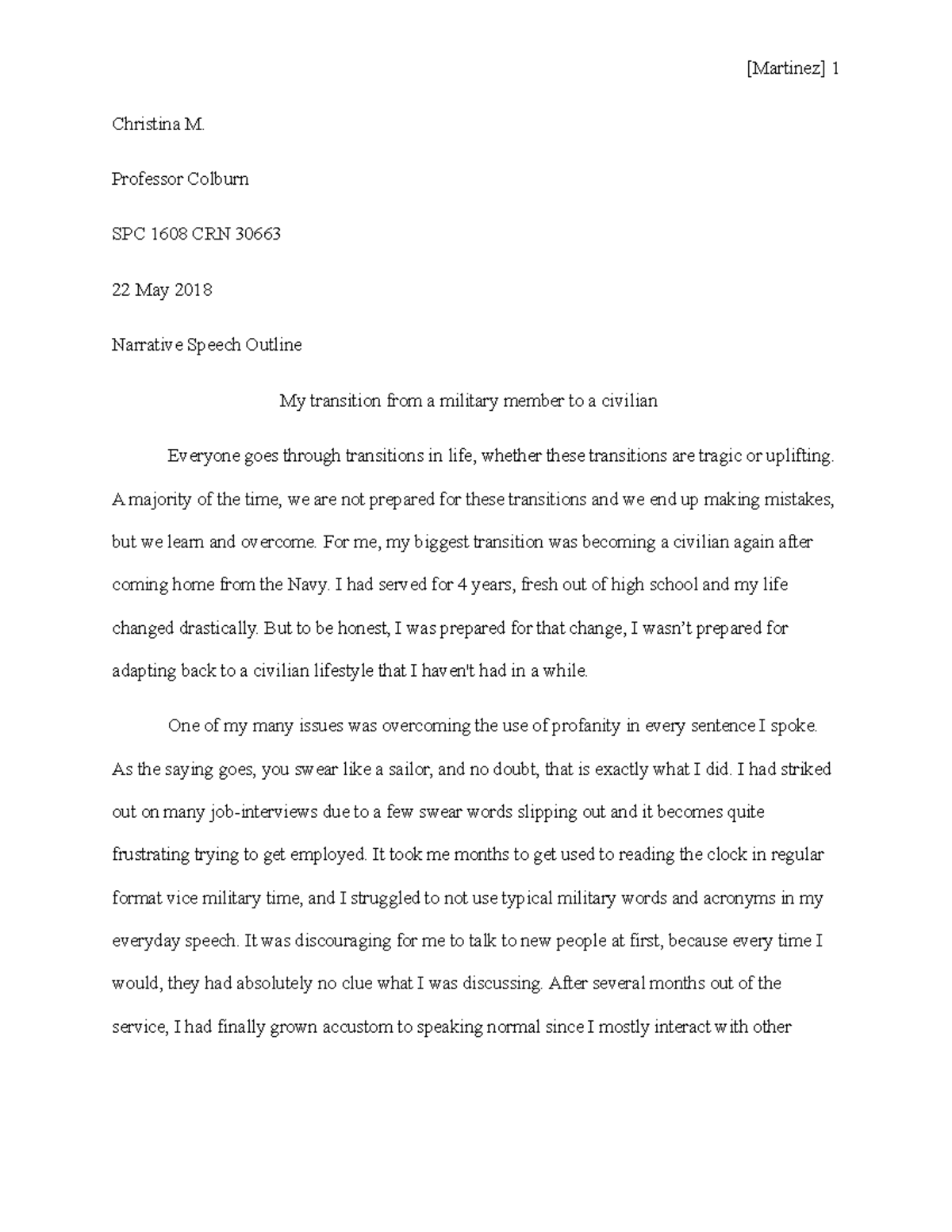 Narrative speech outline - [Martinez] 1 Christina M. Professor Colburn ...