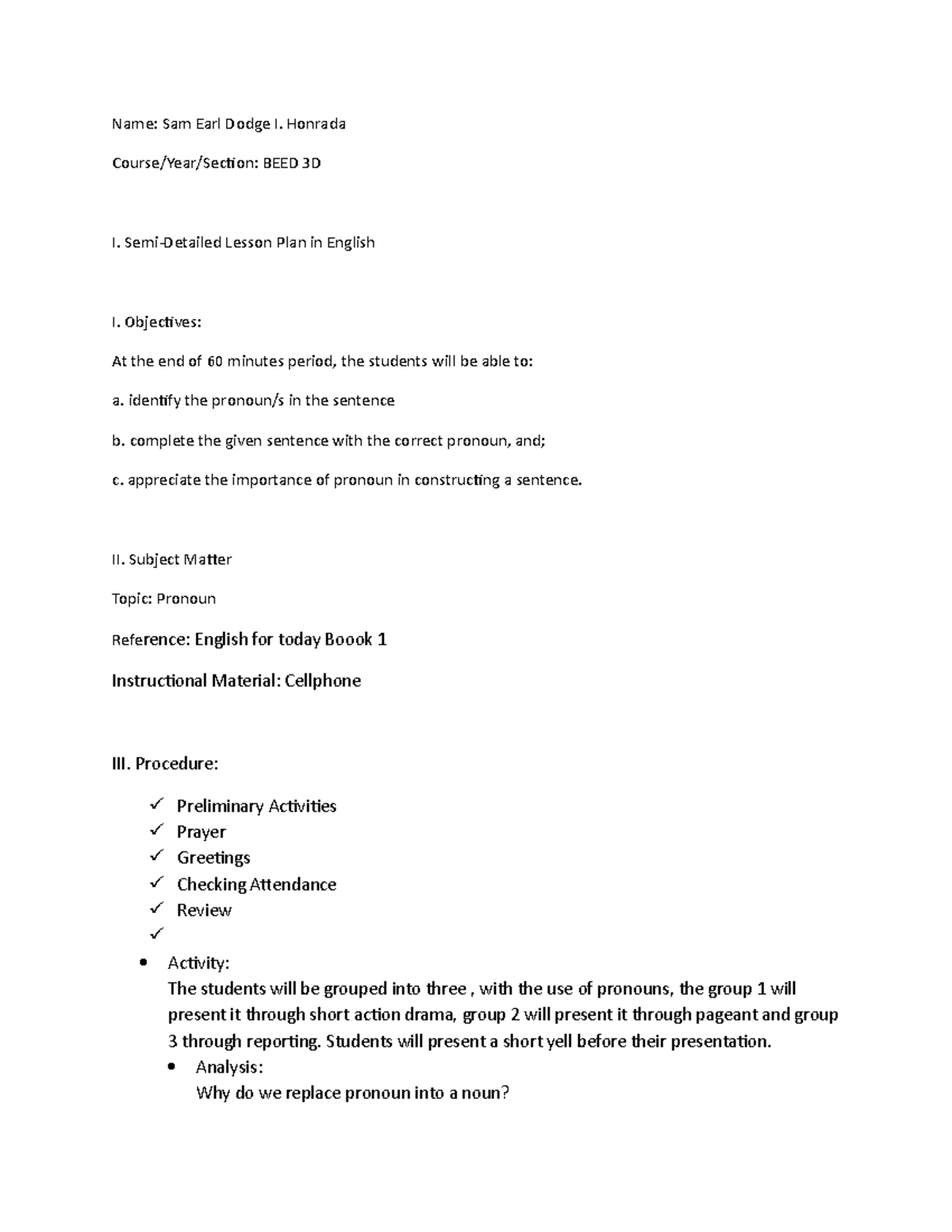 Lesson plan in English in Grade 6 - Name: Sam Earl Dodge I. Honrada ...