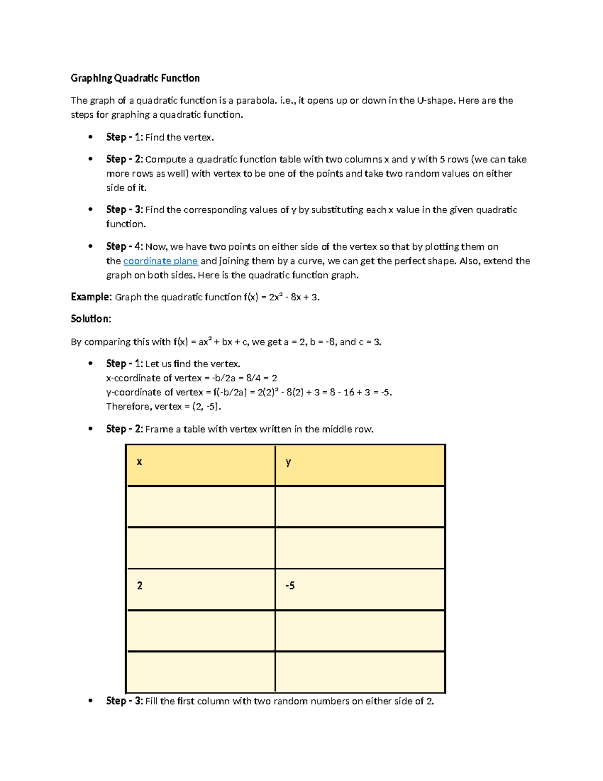 Graphing Quadratic Function - i., it opens up or down in the U-shape ...