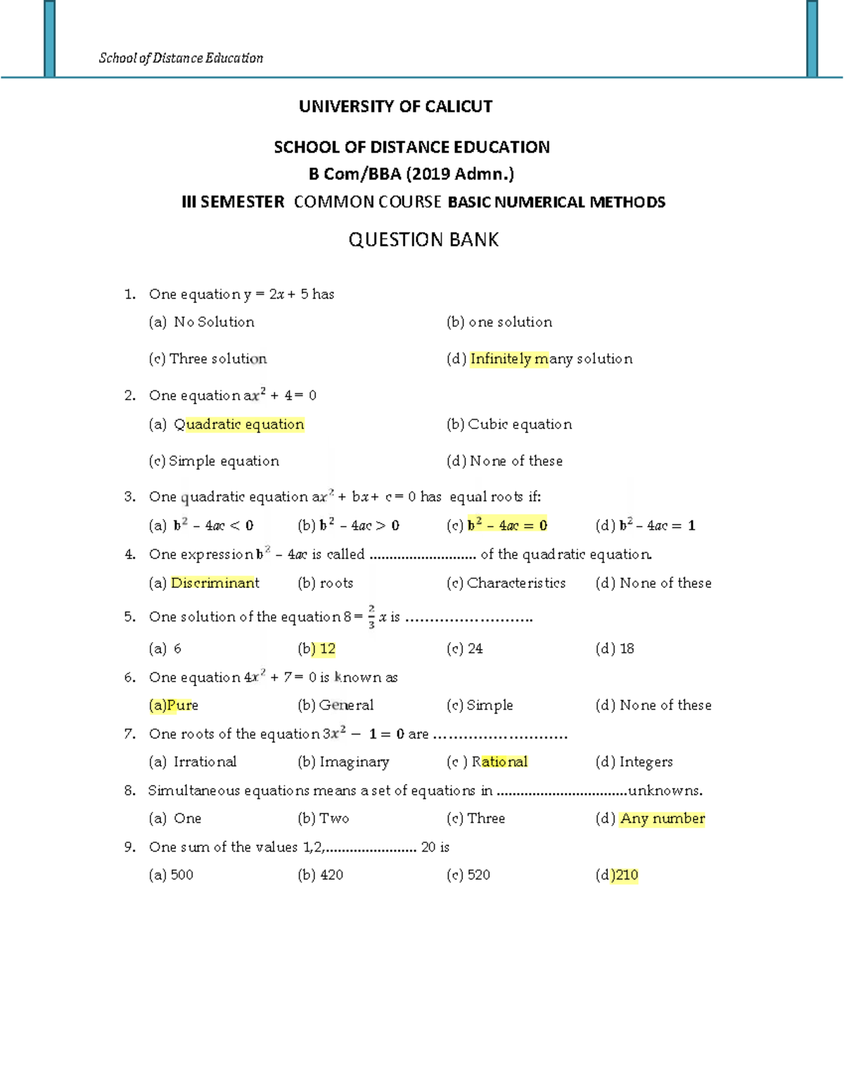 2019 admission Basic Numerical Methods OMR-1 - UNIVERSITY OF CALICUT III SEMESTER COMMON COURSE ...