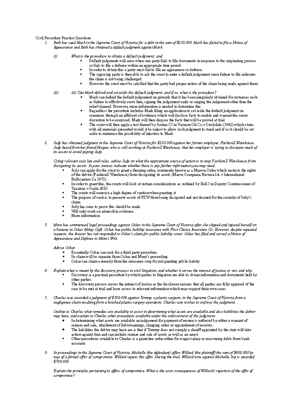 Civil Procedure Practice Questions - Beth has sued Mark in the Supreme ...