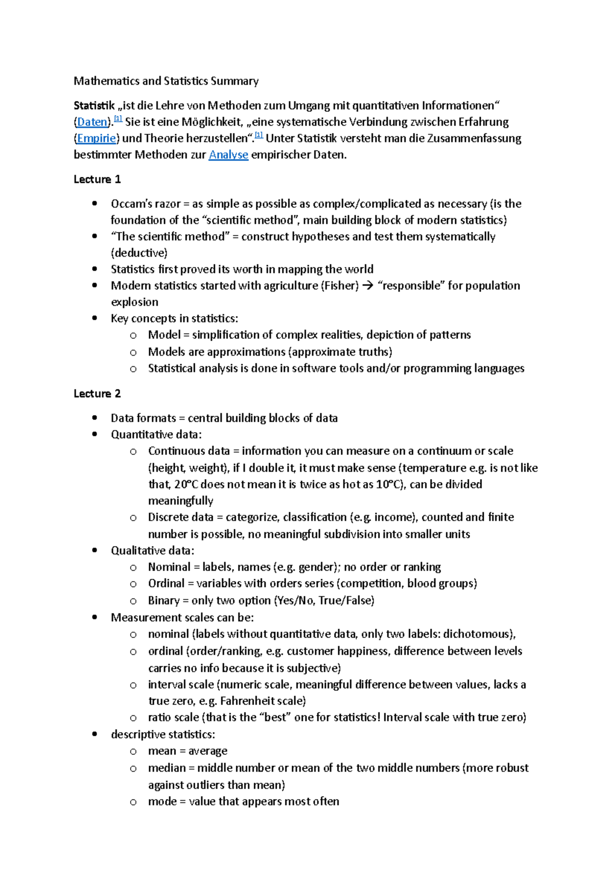 Mathematics and Statistics Summary - Mathematics and Statistics Summary ...