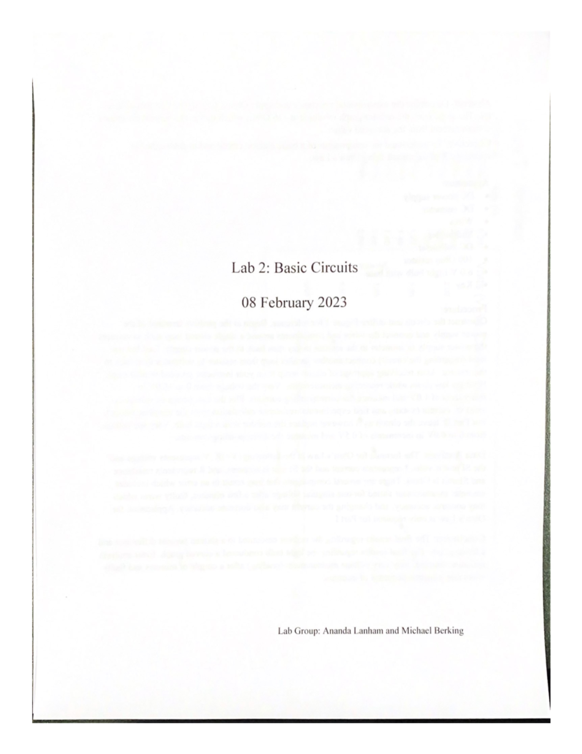 Lab 2 Basic Circuits - An example of scientific method and standard setup for all labs which ...
