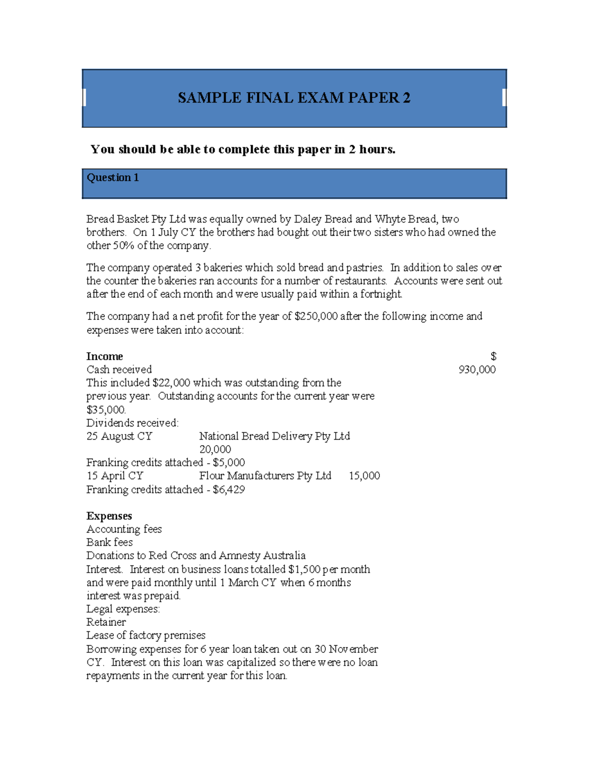 Sample Paper 2 - SAMPLE FINAL EXAM PAPER 2 You should be able to ...