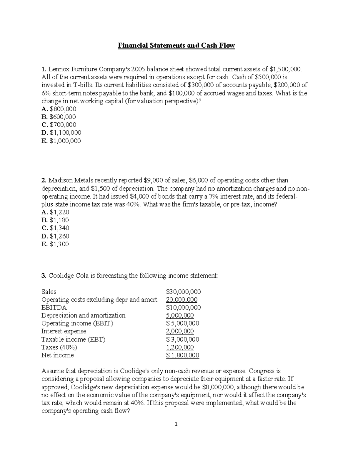 4-Cash Flow - Homework and Classwork - Financial Statements and Cash ...