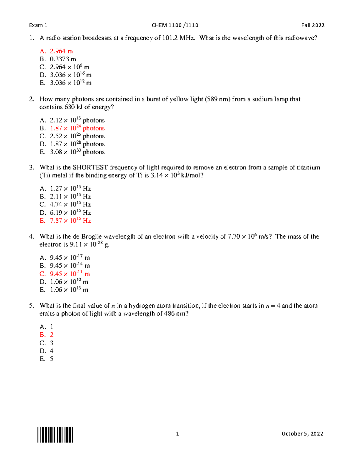 Chem 1 Exam 1 F2022 - Form A - 1 October 5, 2022 A radio station ...