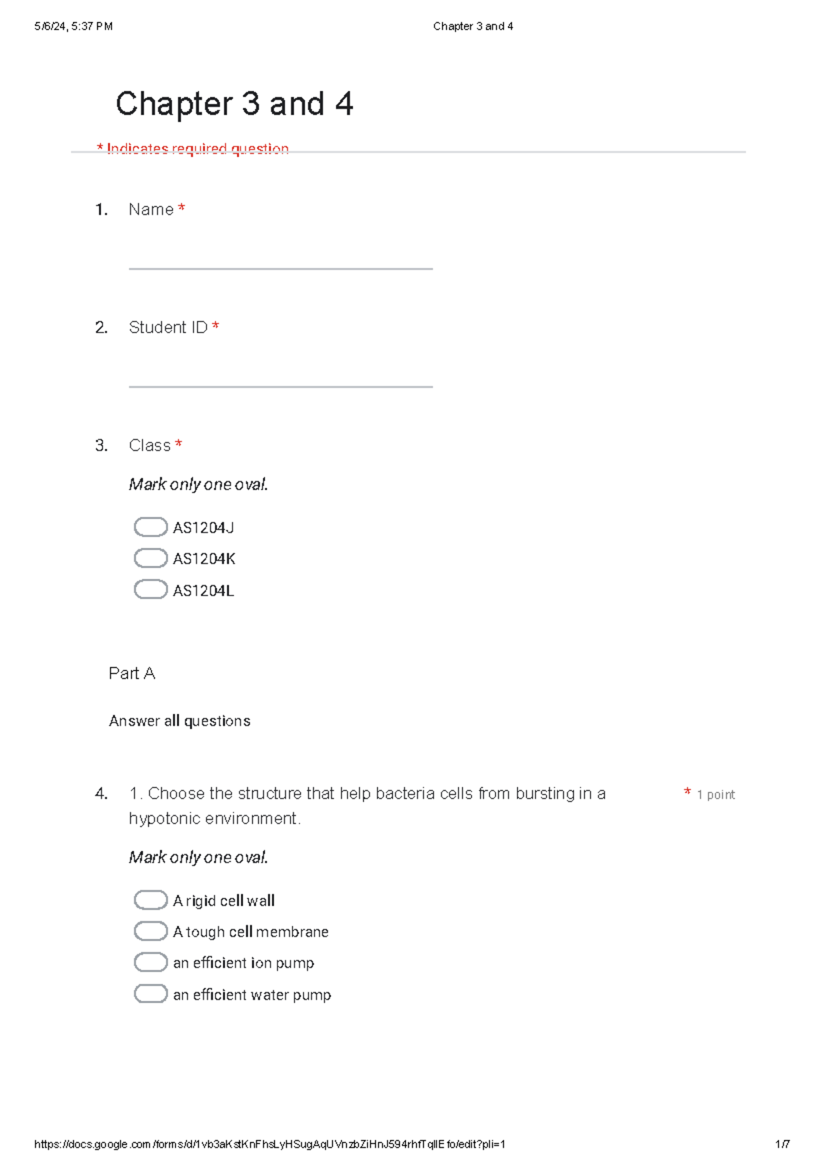 BIO320 Tutorial Revision 2 - 1. 2. 3. Mark only one oval. AS1204J ...