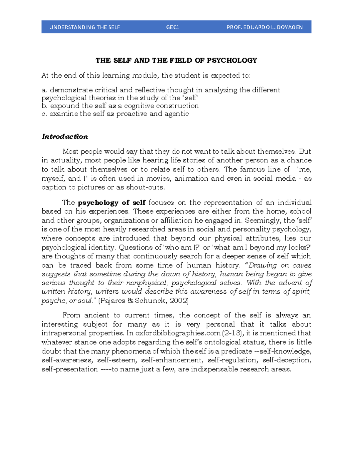 UTS Psychology - THE SELF AND THE FIELD OF PSYCHOLOGY At the end of ...