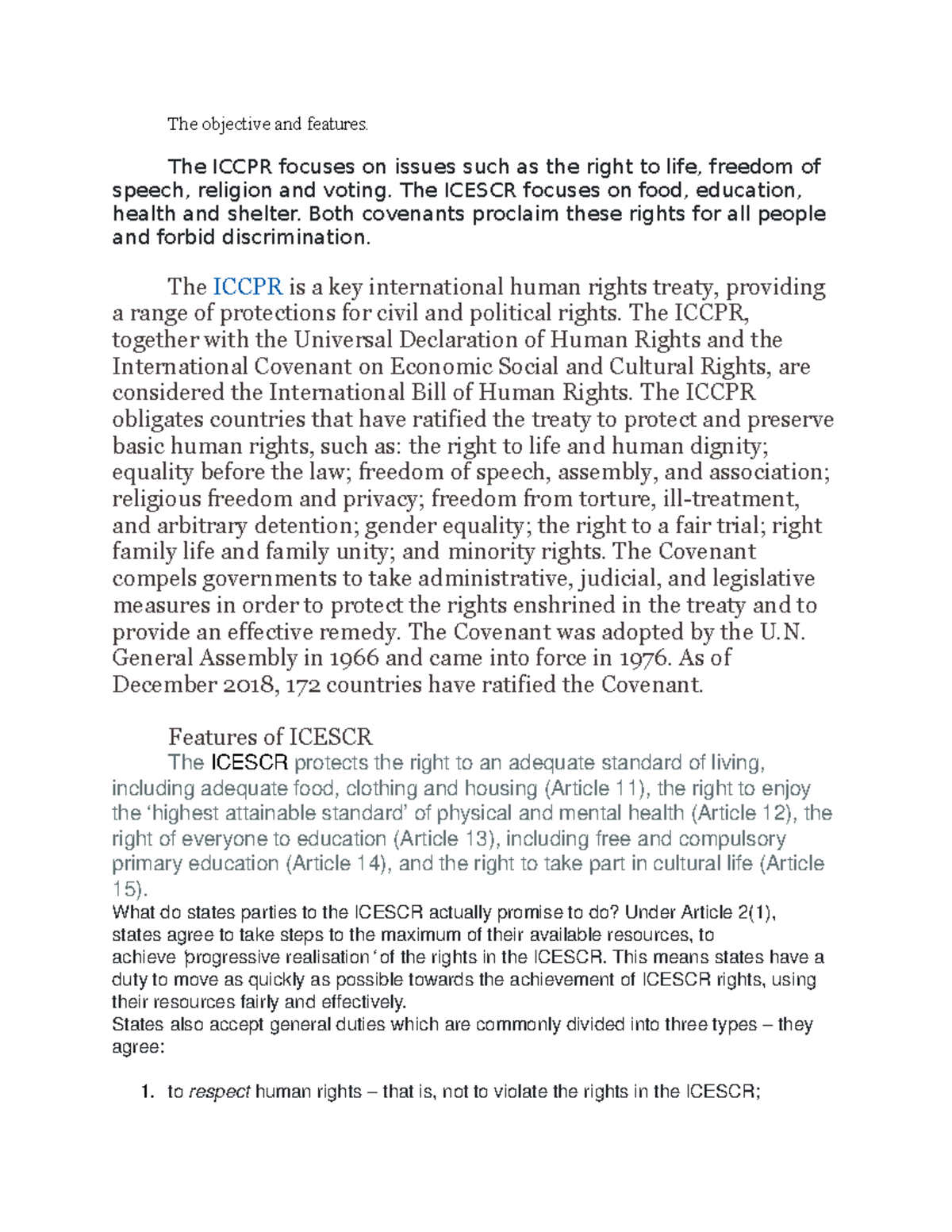 The objective and features iccpr and icescr - The objective and ...