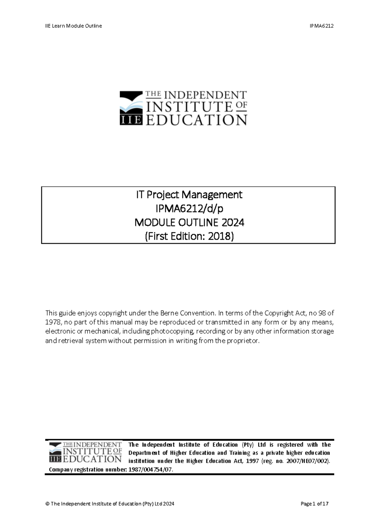 IPMA6212 MO - IT Project Management IPMA6212/d/p MODULE OUTLINE 2024 (First Edition: 201 8 ...