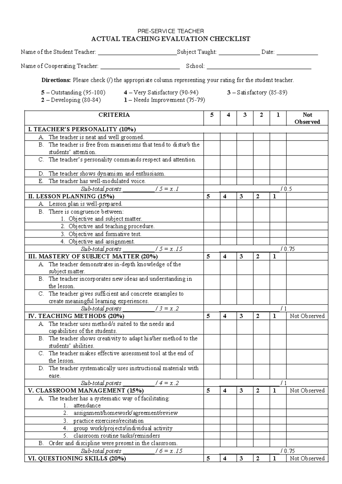 Teaching DEMO Rubric - PRE-SERVICE TEACHER ACTUAL TEACHING EVALUATION ...