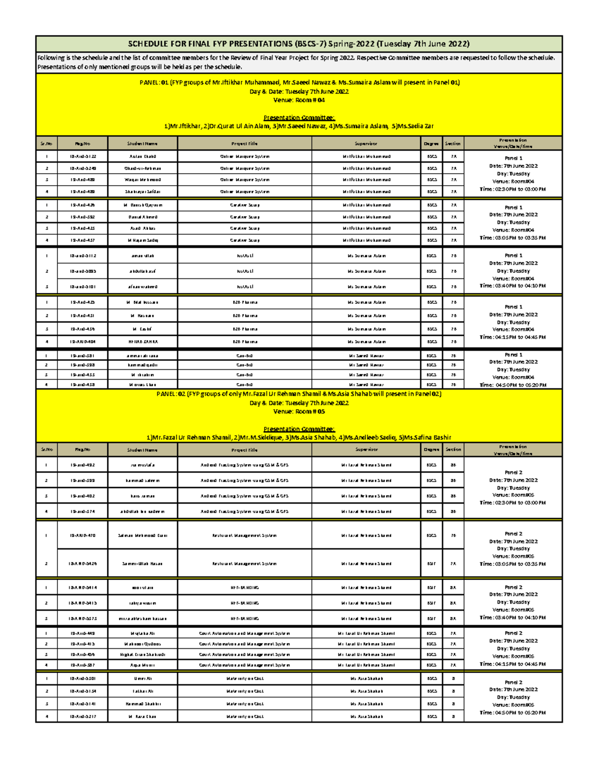7th June Tue Final FYP Schedule SP-22 - Sr Reg Student Name Project ...
