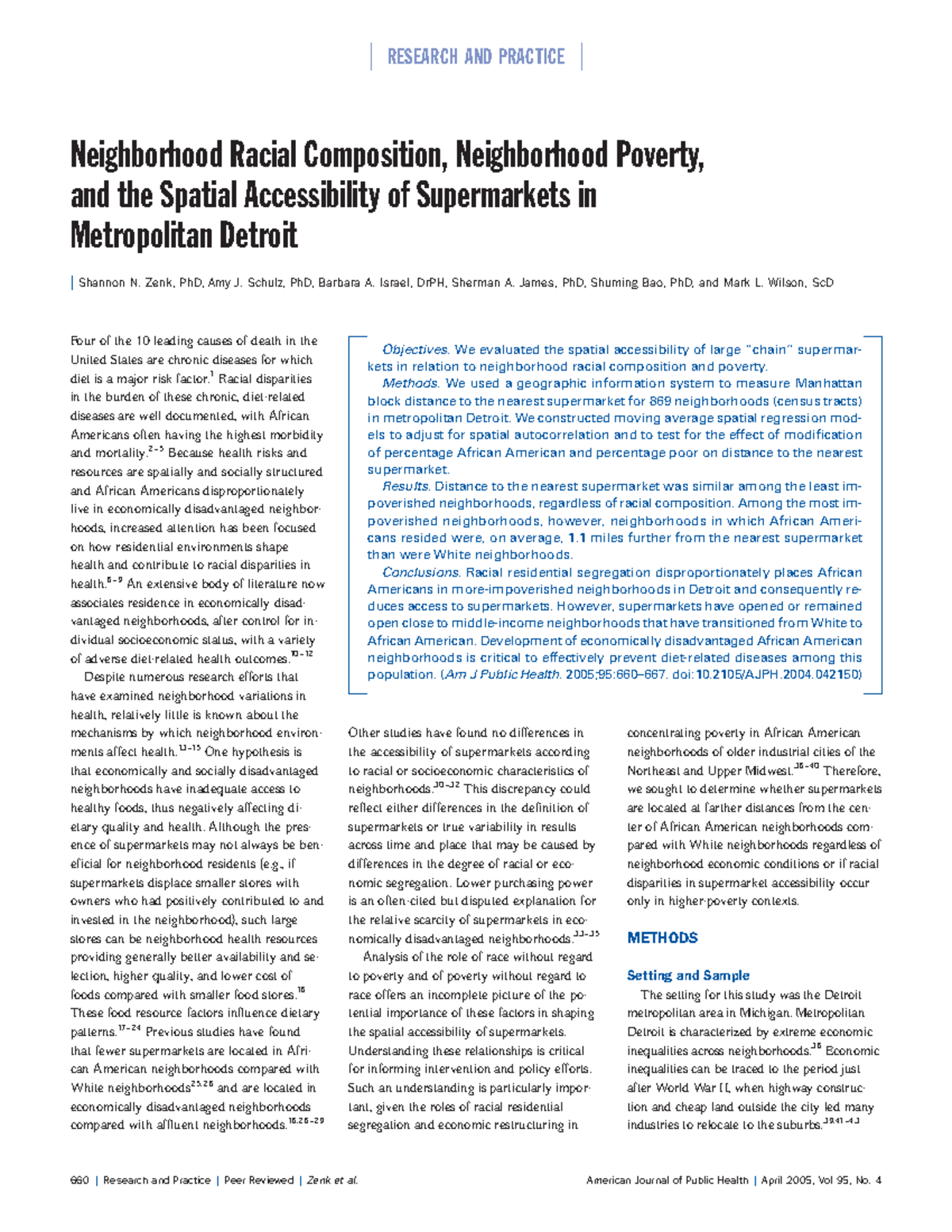 Ajph - n/a - 660 | Research and Practice | Peer Reviewed | Zenk et al ...