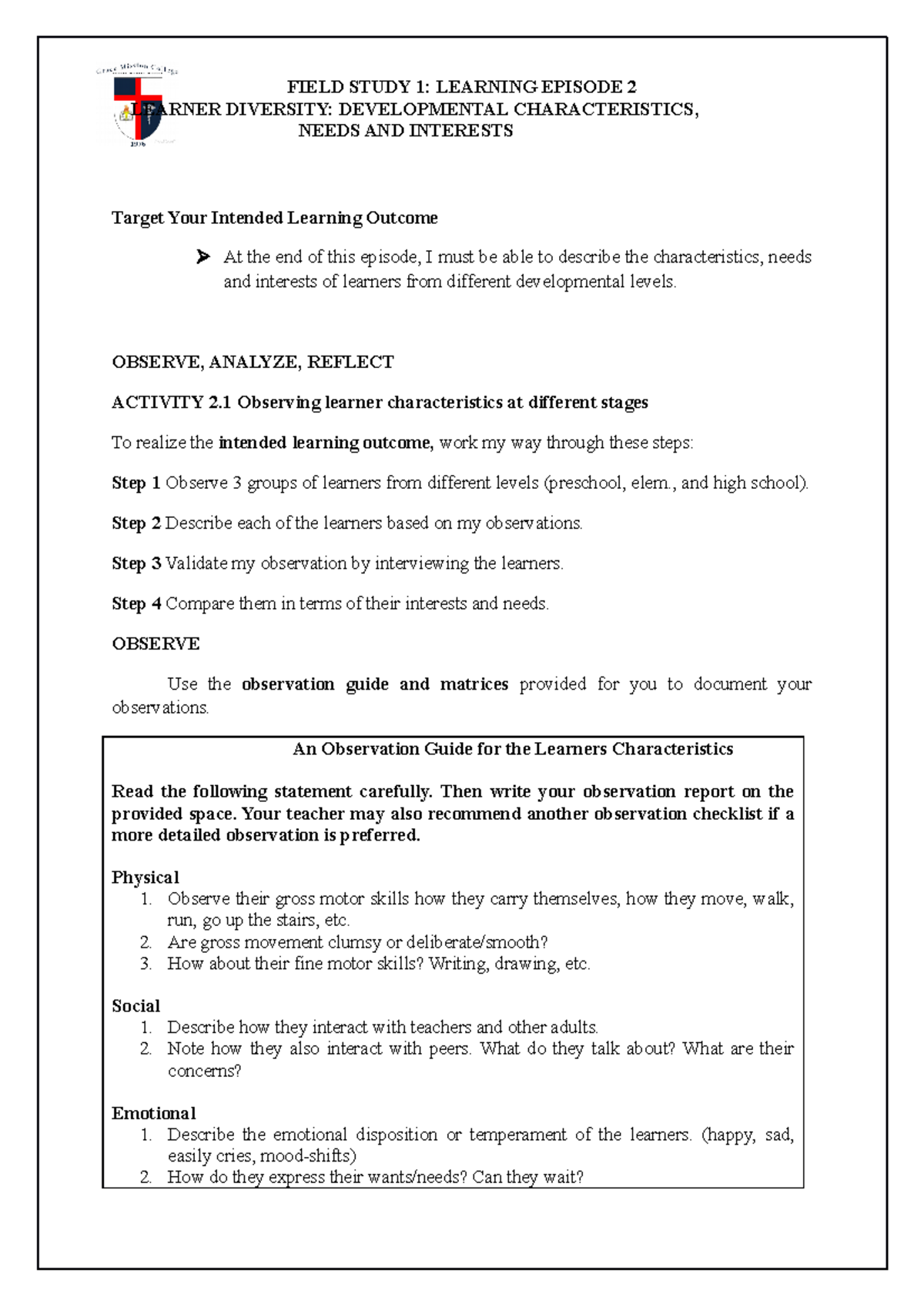 FS1-episode-2 - field study 2 lesson lectures. - LEARNER DIVERSITY ...