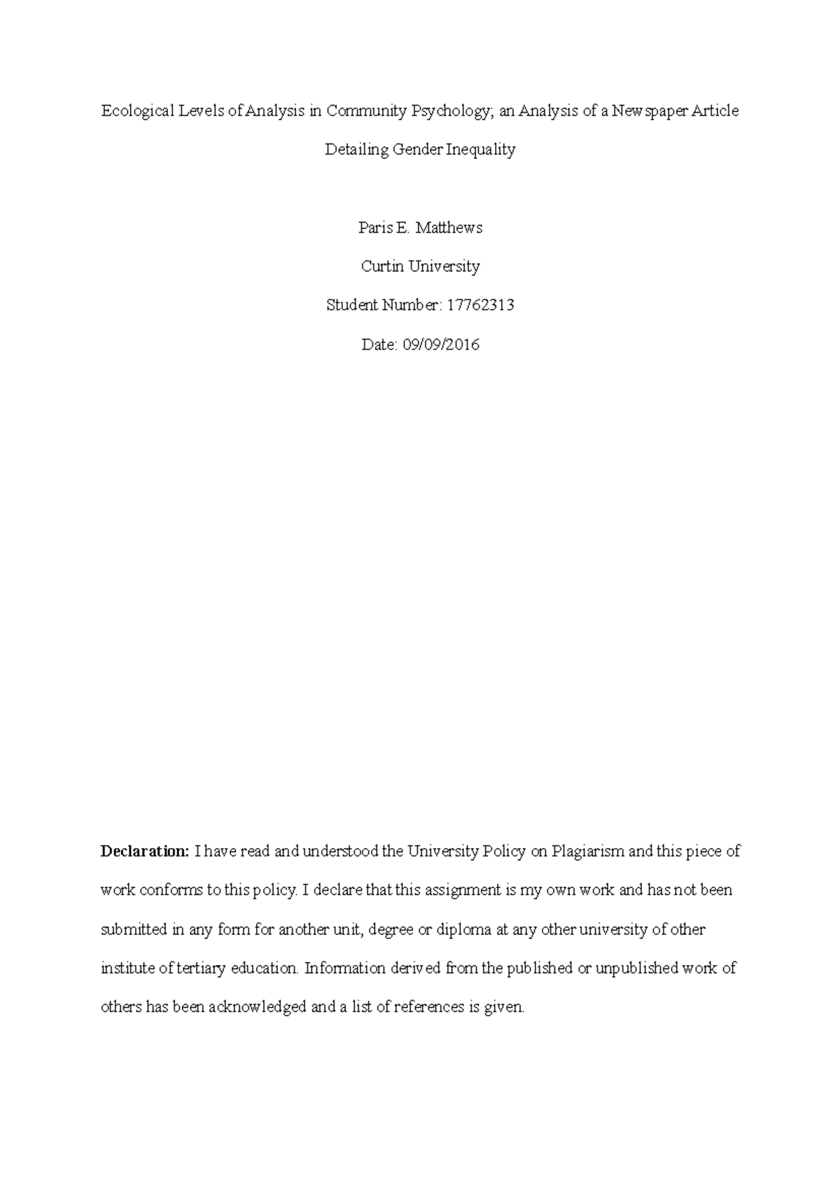 Ecological Levels of Analysis in Community Psychology - Work Family and ...