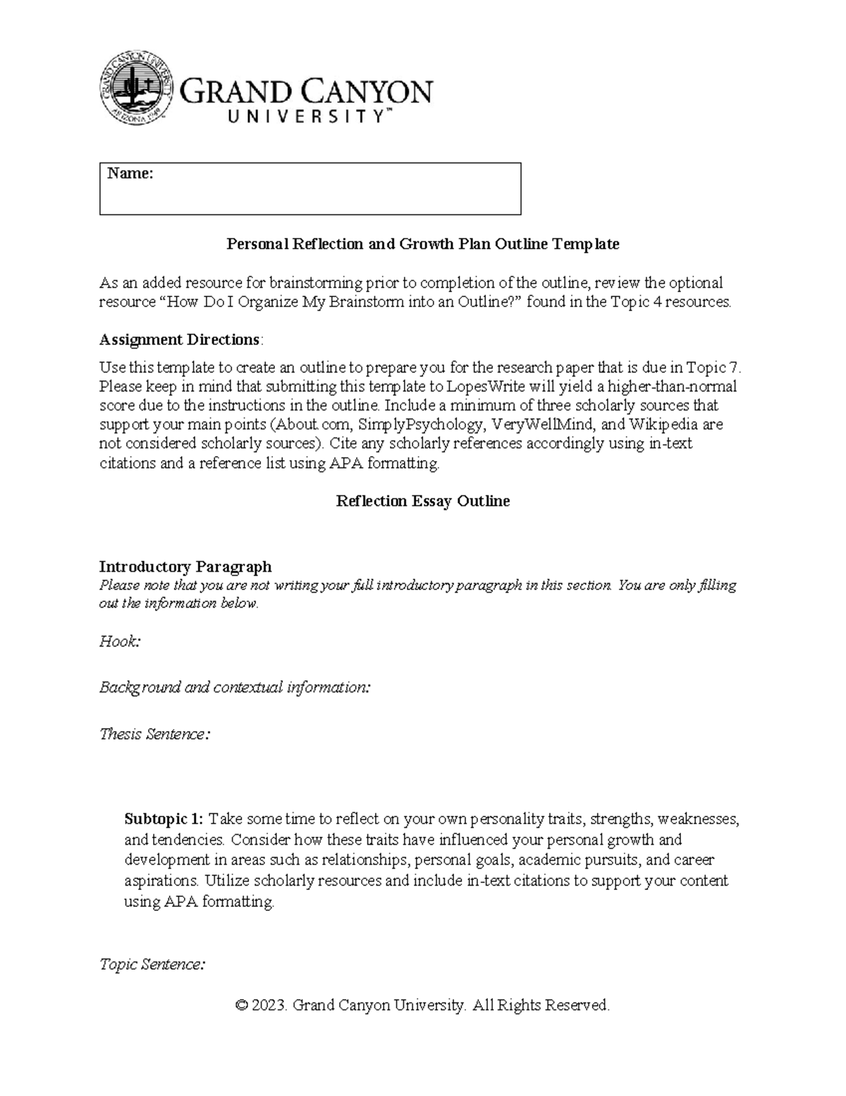 Growth plan outline - Assignment - Name: Personal Reflection and Growth ...