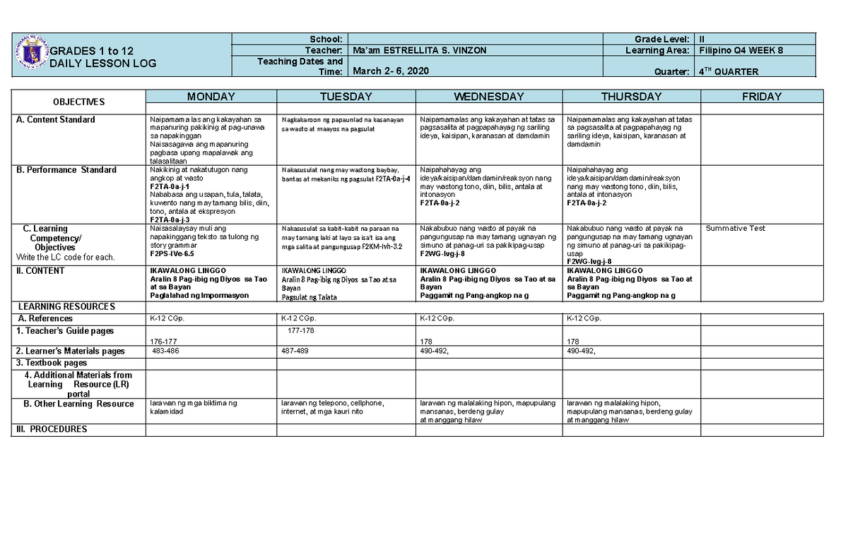 Filipino-2 Q4-W8-DLL - Lesson plan - GRADES 1 to 12 DAILY LESSON LOG ...